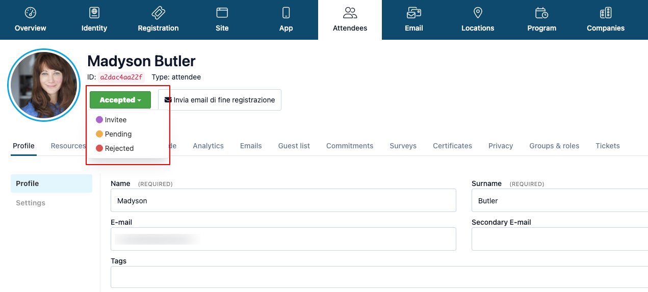 Come cambiare stato ad un partecipante – SharEvent On-Line Docs
